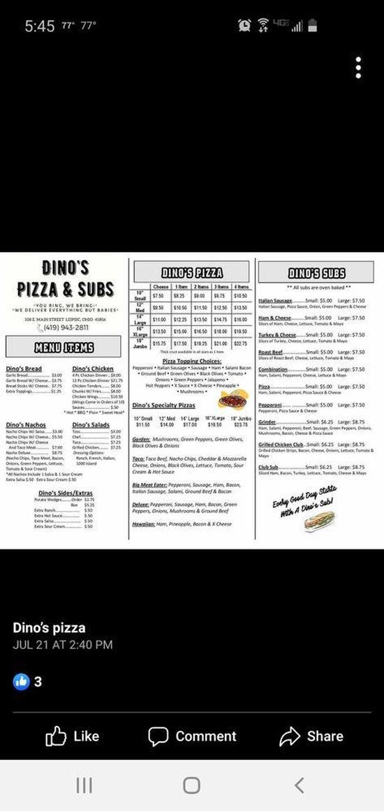 Menu at Dino's Pizzas & Subs pizzeria, Leipsic