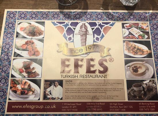 Menu at Efes restaurant, London, 230 Mile End Rd