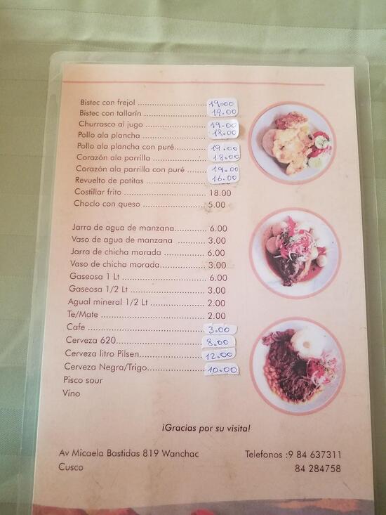 Menu at Restaurant "el torito", Cusco