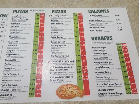 Menu at Dario's fast food, Knottingley
