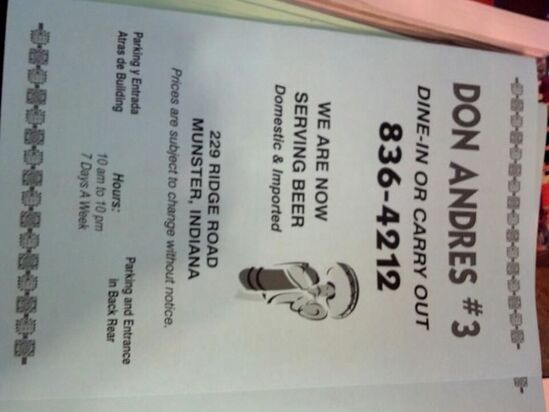 Menu at Don Andres #3 restaurant, Munster