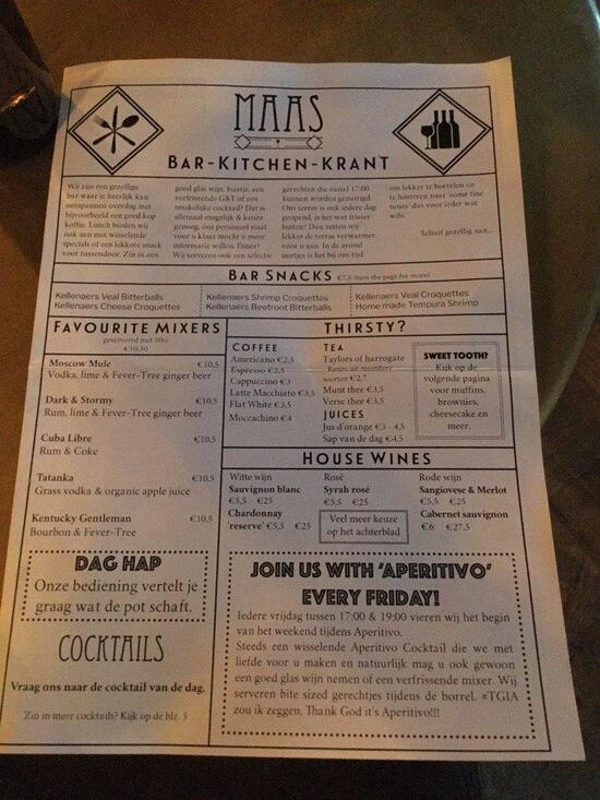Menu at Maas Bar & Kitchen, Amsterdam