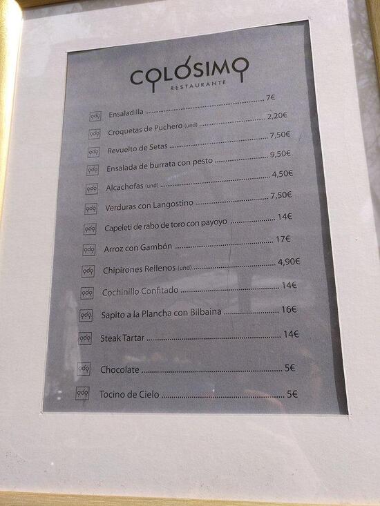 Menu at Restaurante Colósimo, Madrid