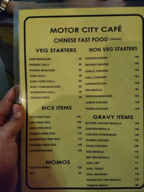 Menu at Motor City Cafe Nandi Hills, India