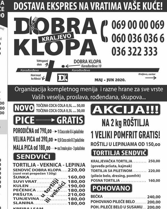 Menu at Dobra klopa Velja GOČIĆ restaurant, Vrnjačka Banja