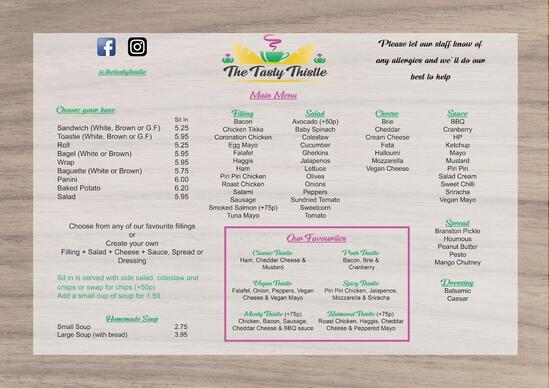 Menu at The Tasty Thistle cafe, Aberdeen