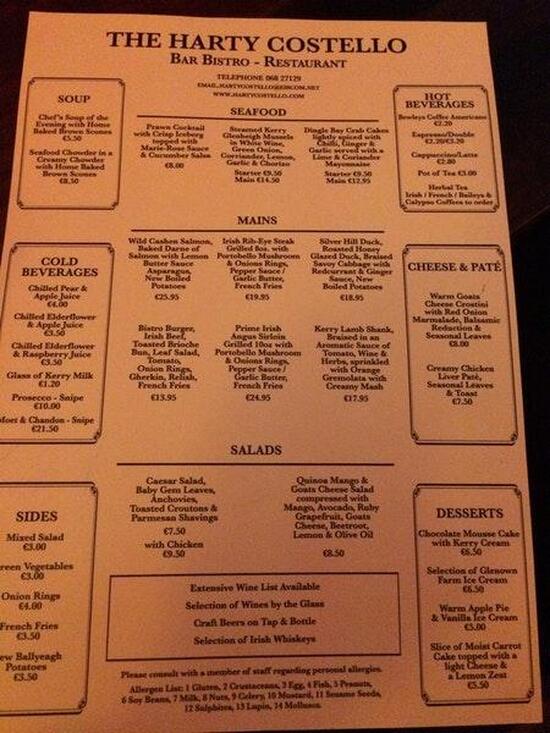 Menu at Harty-Costello's Bar & Restaurant, Ballybunnion