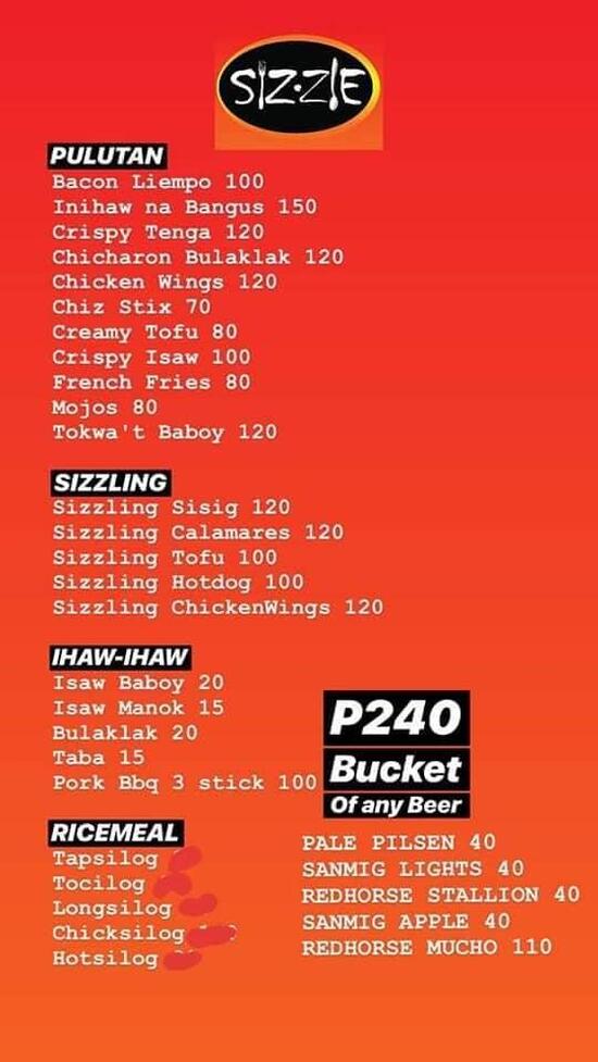 Menu at Sizzle restaurant, General Trias