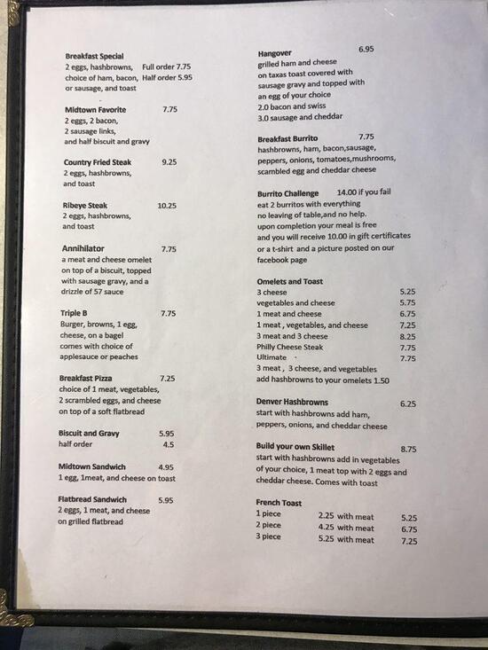 Menu at Midtown Cafe, Newton