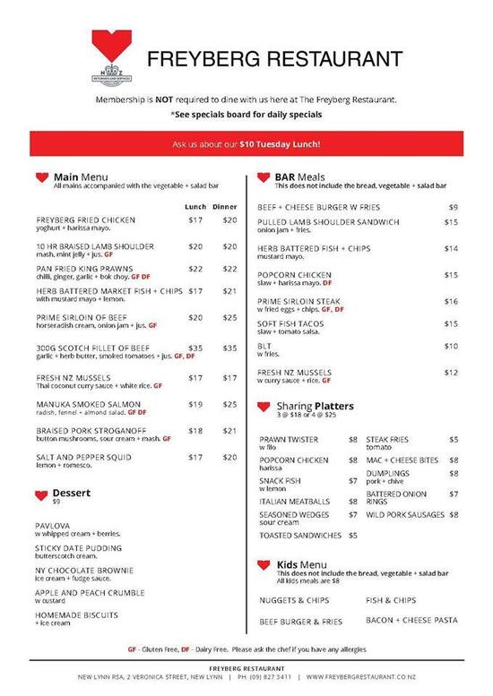 Menu at The Freyberg Restaurant - New Lynn RSA, Auckland