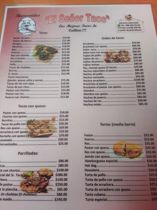 Menu at Señor Taco restaurant, Calkini