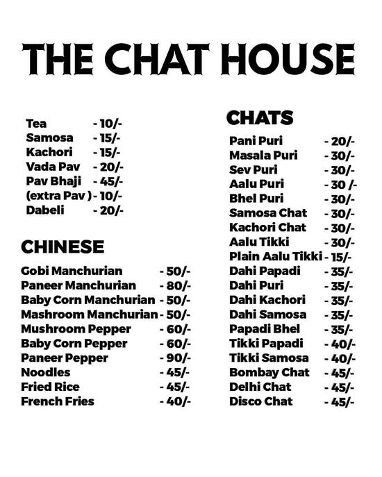 Menu at THE CHAT HOUSE, Bengaluru