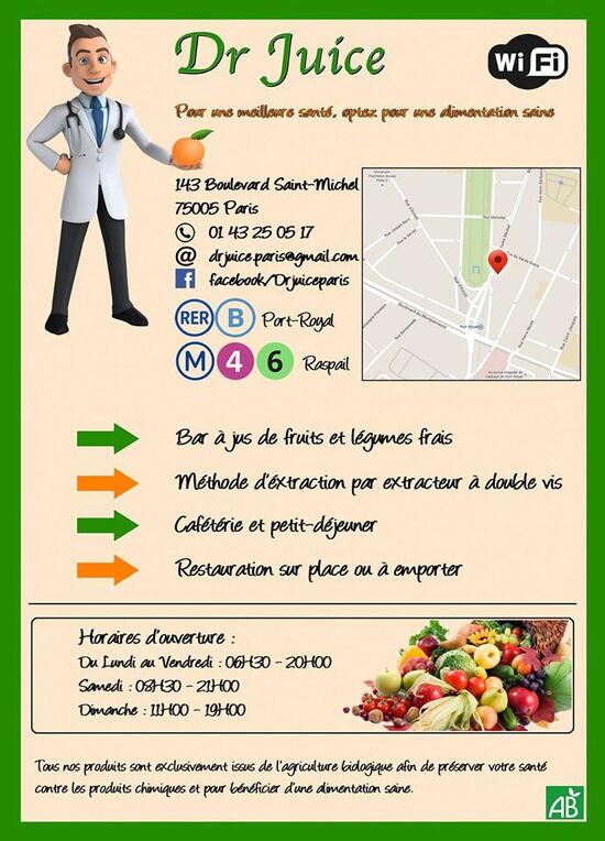 Menu at Dr Juice restaurant, Paris