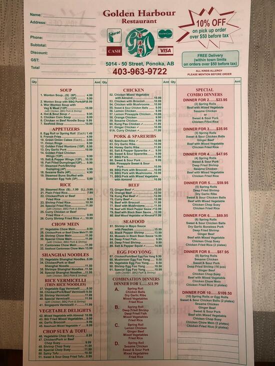 Menu at Golden Harbour Restaurant, Ponoka