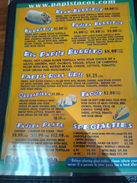 Menu at Papi's Tacos restaurant, Cranston, 690 Oaklawn Ave