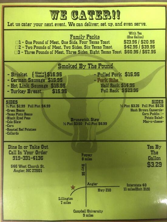 Menu at Texas Pit BBQ, Angier