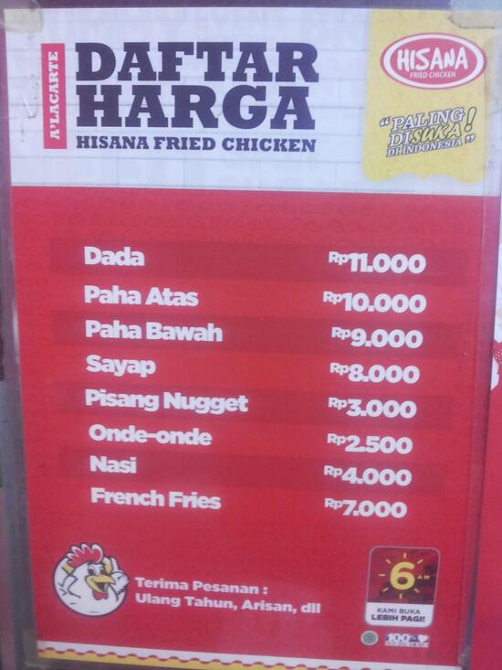Carta de HISANA Fried Chicken, Tangerang, QPJ2+WJM