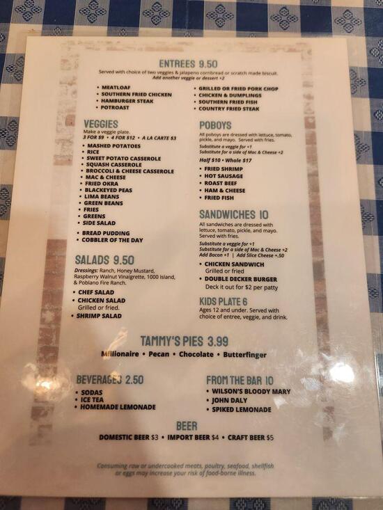 Menu at Wilson's Commissary restaurant, Laurel