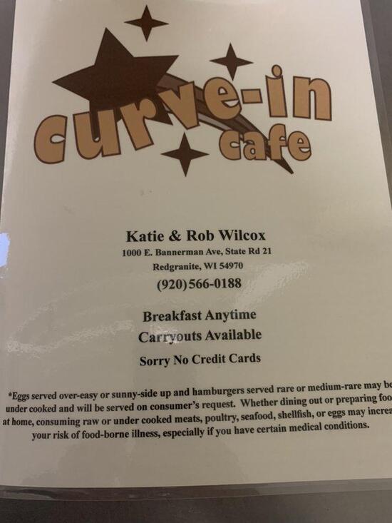 Menu at Curve-In Cafe, Redgranite