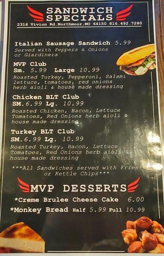 Menu at MVP Pizzeria and Pub, Northmoor