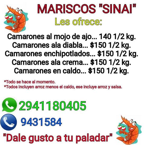 Menu at Mariscos "Sinai" restaurant, Catemaco