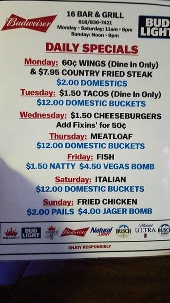 Menu at 16 Bar & Grill, Shipman