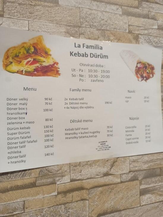 Menu at La Familia Kebab restaurant, Chabařovice