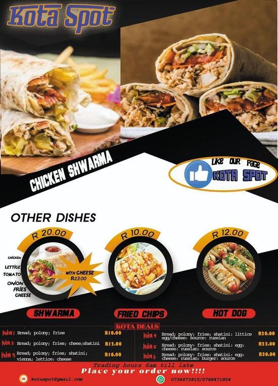 Menu at kota spot restaurant, Durban