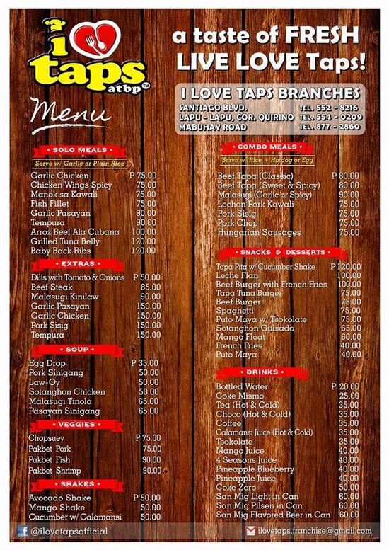 Menu at I Love Taps Divisoria restaurant, Quezon City