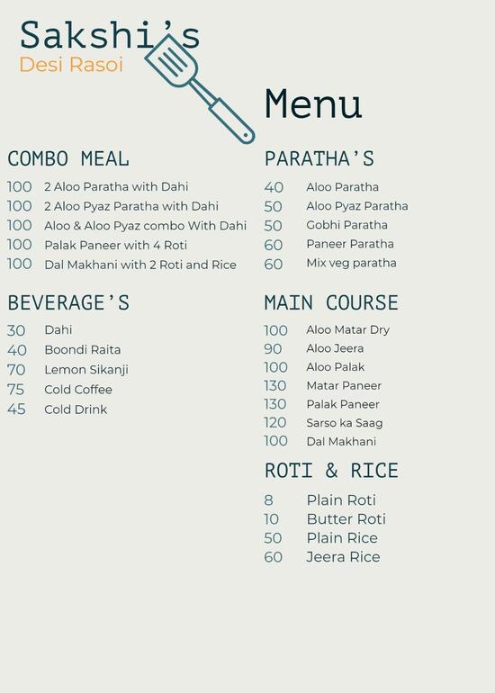 Menu at Sakshi's Desi Rasoi, Noida
