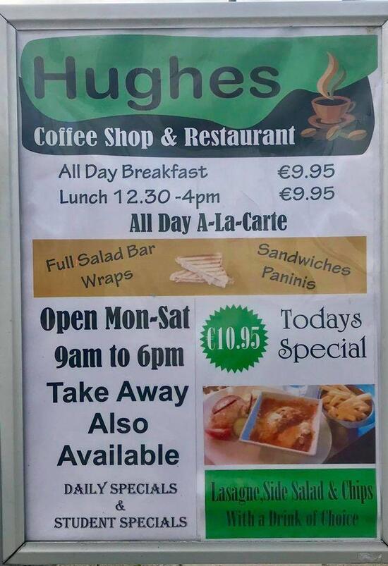 Menu at Hughes’ Coffee Shop restaurant, Carrickmacross
