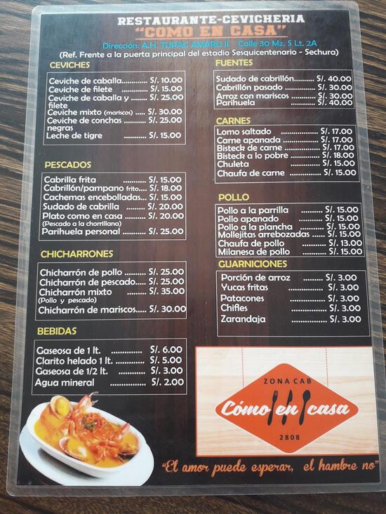 Menu at Como en casa restaurant, Santa Anita, AA.HH Tupac Amaru