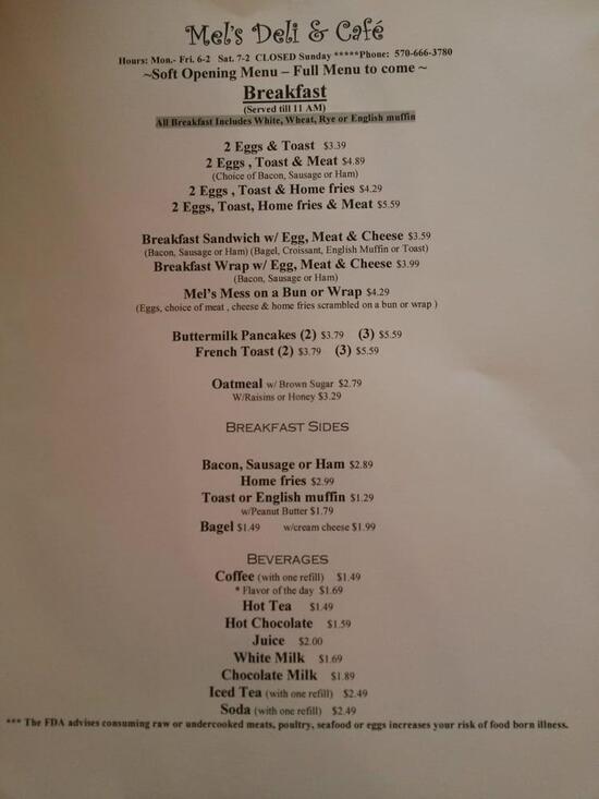 Menu at Mel's Deli & Cafe, Montoursville