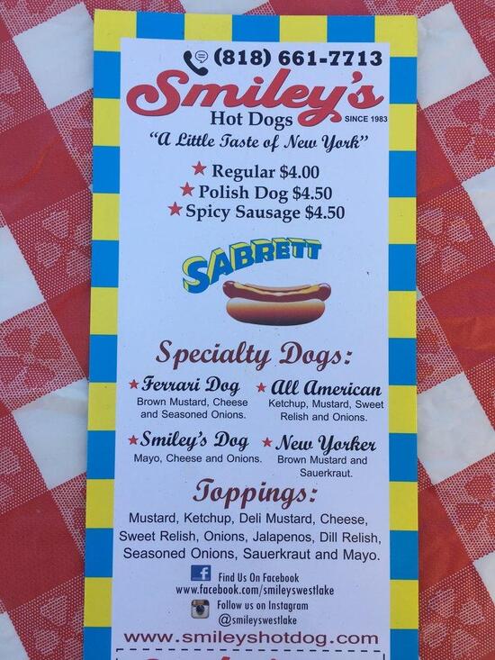 Menu at Smiley's Hot Dogs, Westlake Village, Townsgate Rd