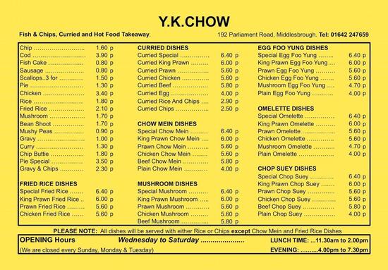 Menu at Y K Chow restaurant, Middlesbrough