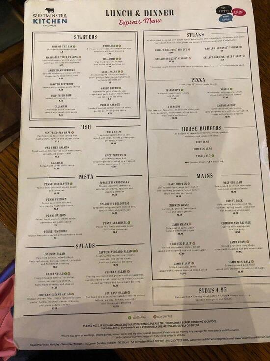 Menu at Westminster Kitchen Grill House pub & bar, London, Unit 3A