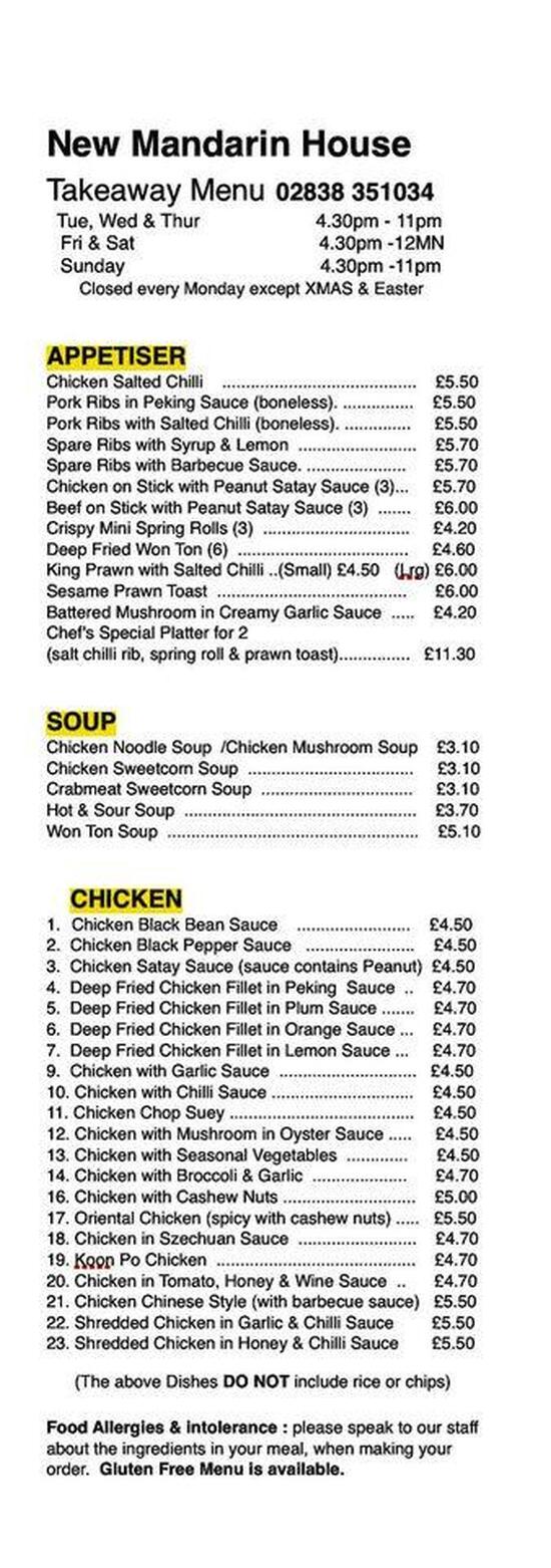 Menu at New Mandarin House restaurant, Craigavon