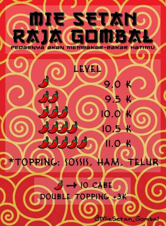Menu at Mie Setan Raja Gombal restaurant, Semarang