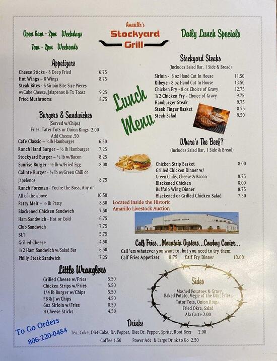 Carta de Stockyard Cafe, Amarillo