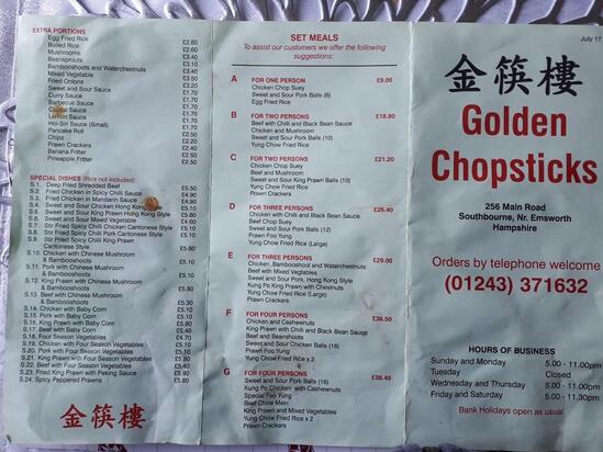 Menu at Golden Chopsticks restaurant, Emsworth