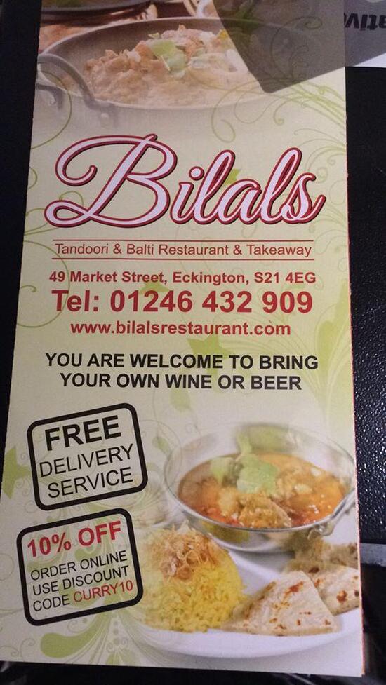 Menu at Bilal's Eckington restaurant, Sheffield