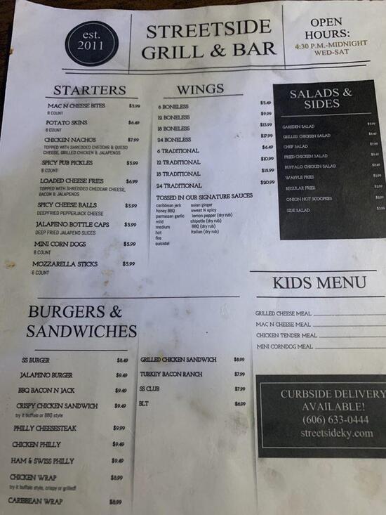 Menu at StreetSide Grill & Bar, Whitesburg