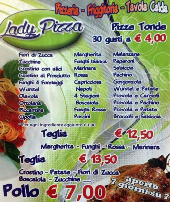 Menu at Lady Pizza pizzeria, Cava Manara