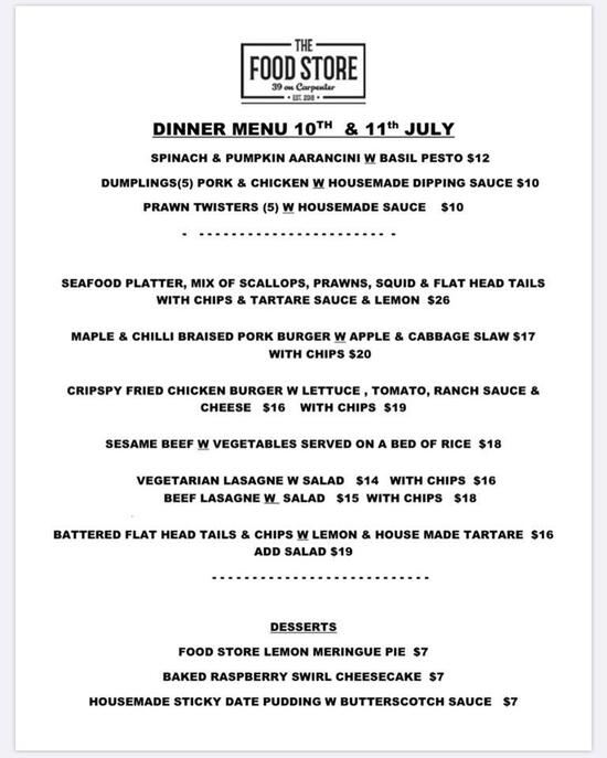 Menu at The Food Store cafe, Maffra