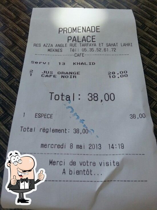Menu at Promenade Palace cafe, Meknes