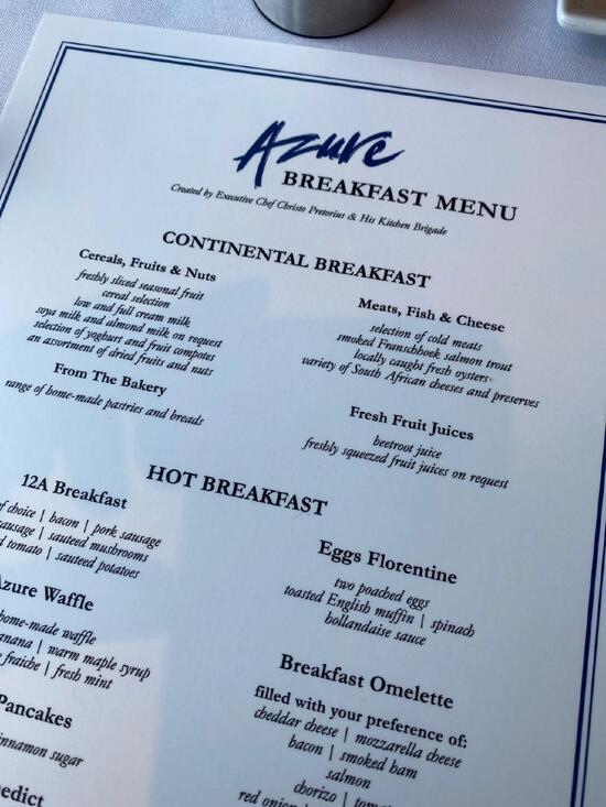 Menu at Azure Restaurant, Cape Town, Queen Victoria St