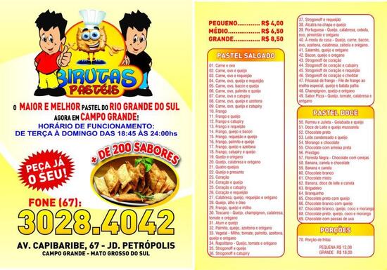 Menu at Birutas Pastéis, Campo Grande