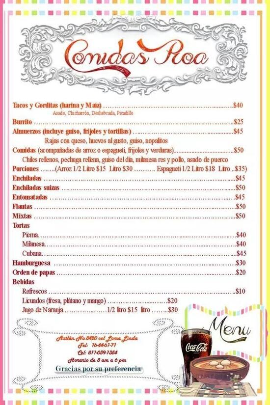 Menu at Comidas Proa restaurant, Monterrey