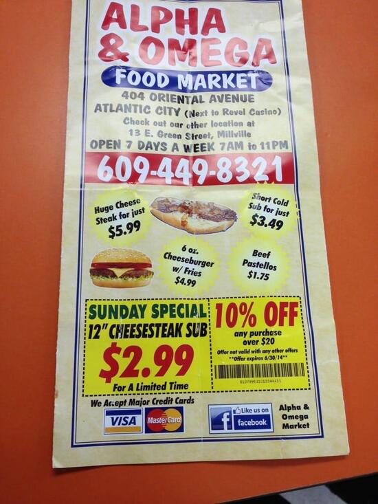 Menu at Alpha and Omega Market restaurant, Atlantic City
