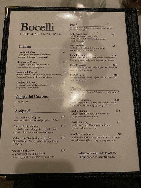 Menu at Bocelli Italian Restaurant, Gwynedd Valley